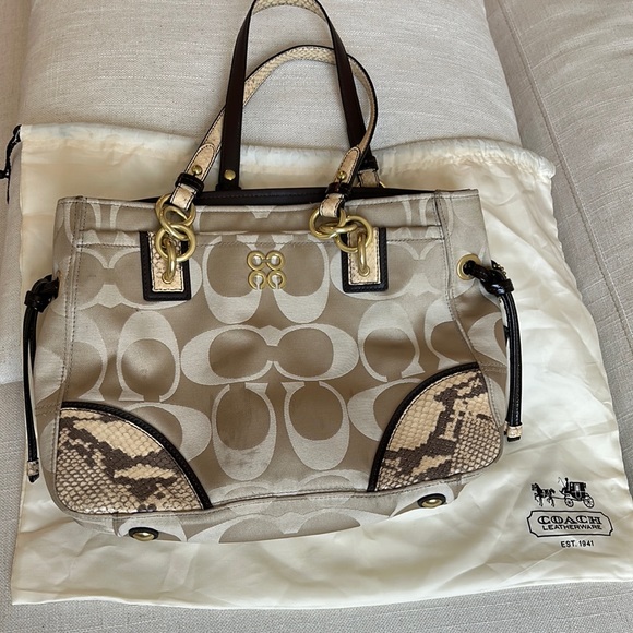 Coach | Bags | Coach Collette Beige Brown Leather Snake Embossed Trim ...